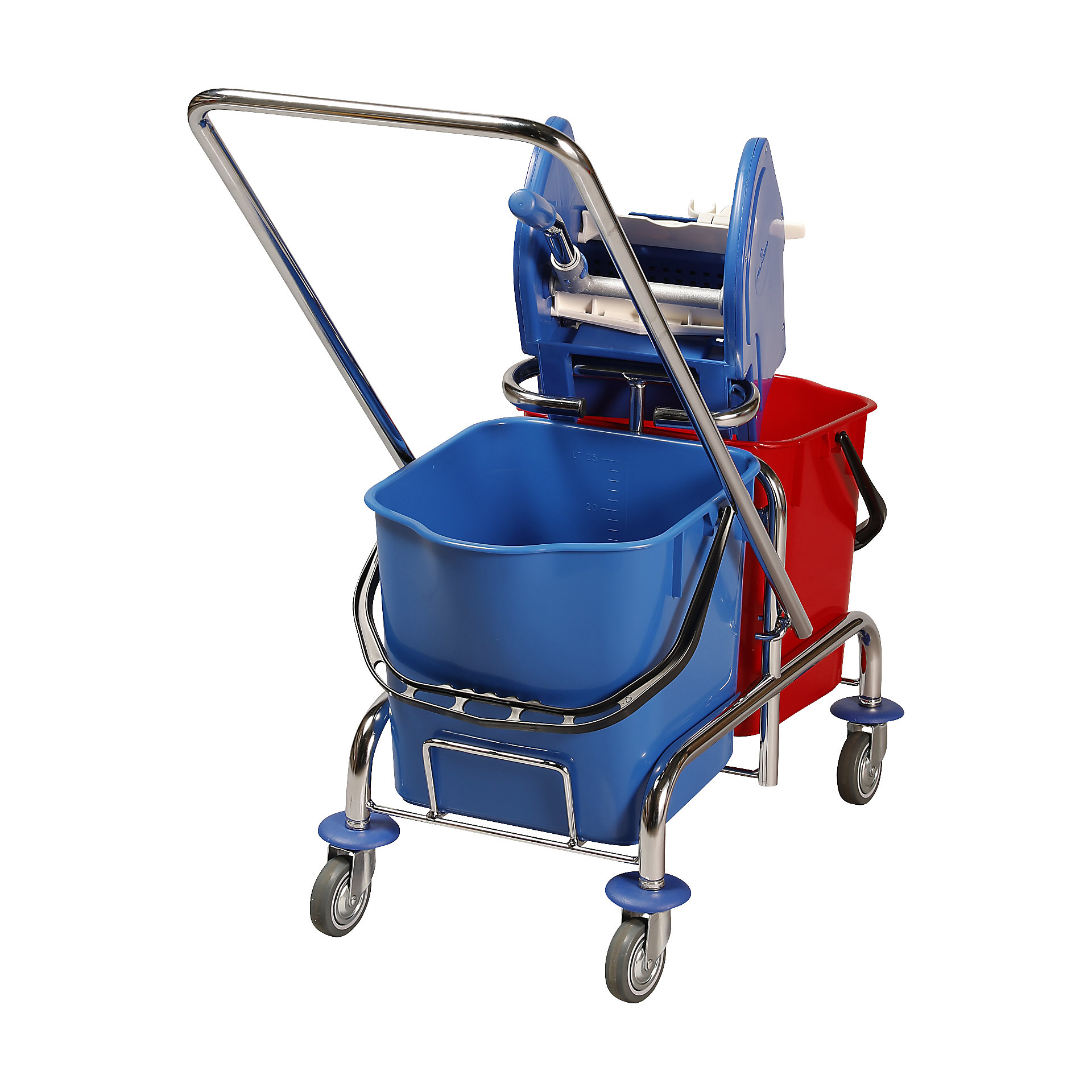 Wet mop trolley: 2 x 25 l double mobile buckets, swivelling mop wringer ...