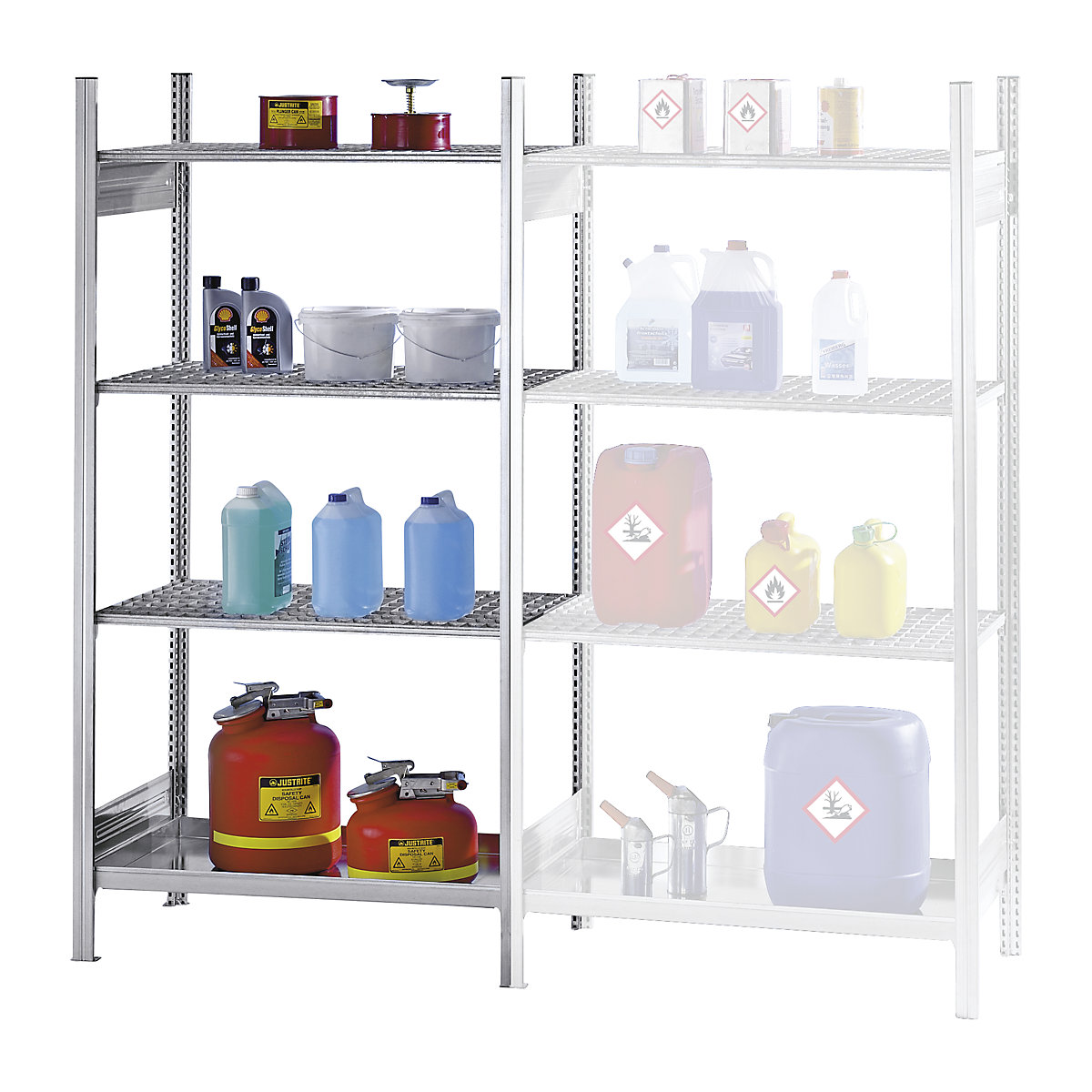 Hazardous goods shelving for small containers, for water hazardous and ...