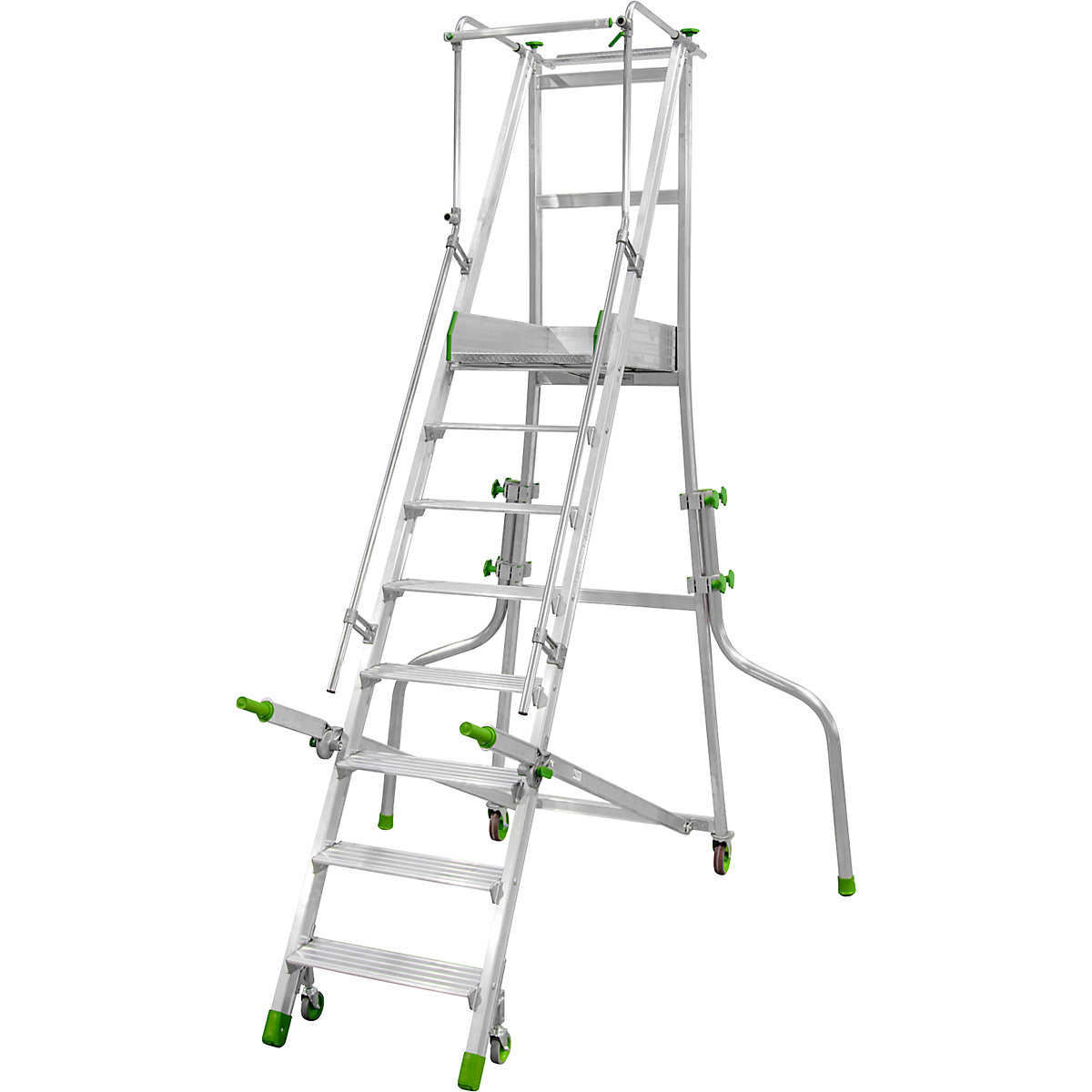 Mobile aluminium platform stairs: folding, with ribbed aluminium steps ...