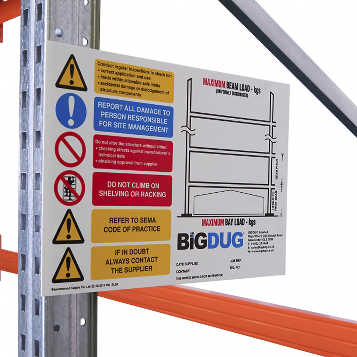 Pallet Racking Load Chart, 1.5mm Rigid Plastic, 420w x 297d mm | BiGDUG