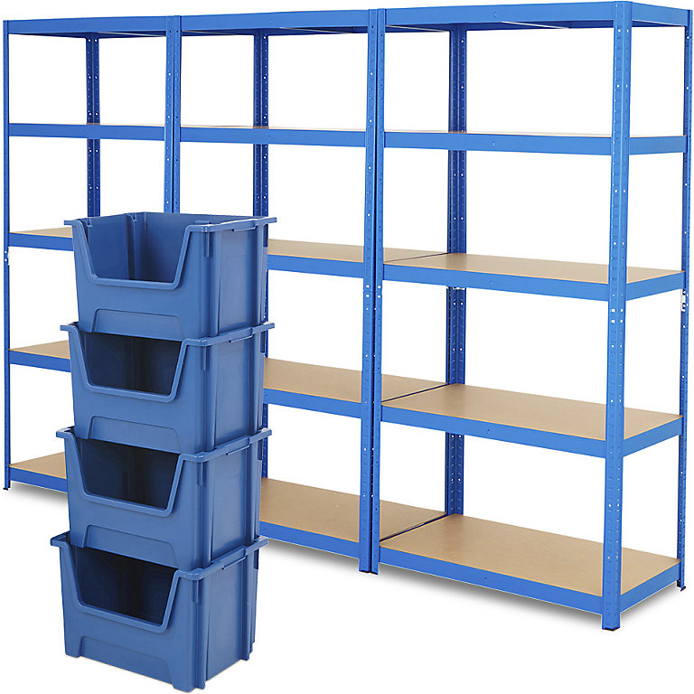 3x BiGDUG Garage 200kg Shelving, 1790h x 900w x 450d mm, Blue, With 4 ...