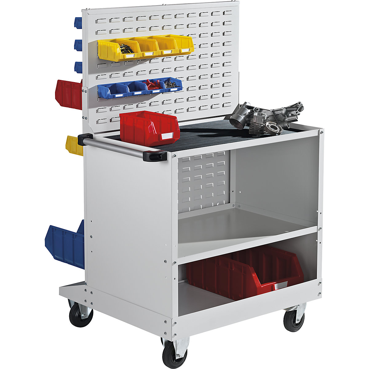 Mobile rack with open fronted storage bins and work surface: HxWxD 940 ...