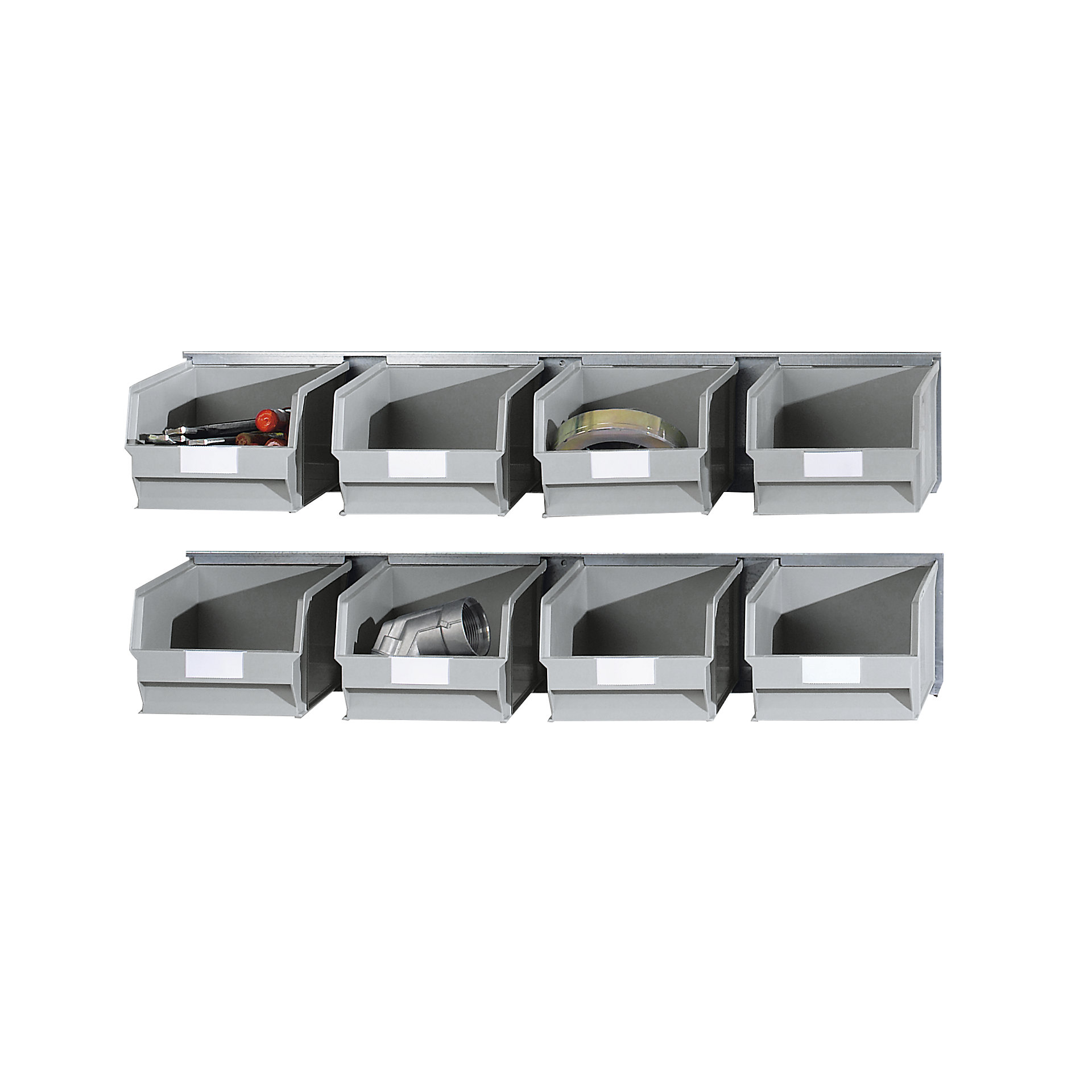 Set of suspension rails with open fronted storage bins: 2 rails, 8 bins ...