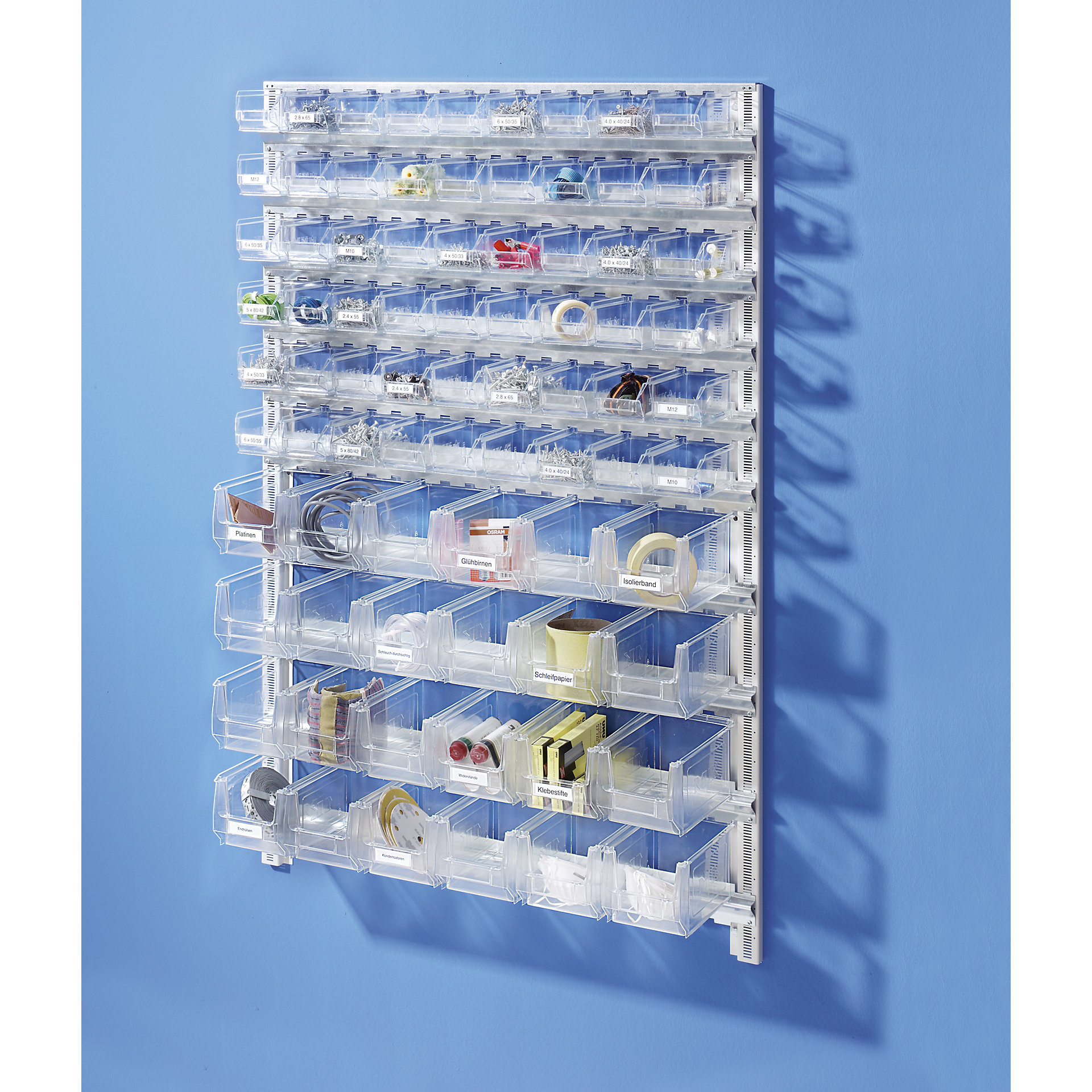 mauser – Wall shelf system with open fronted storage bins: 8 rails, 72 ...