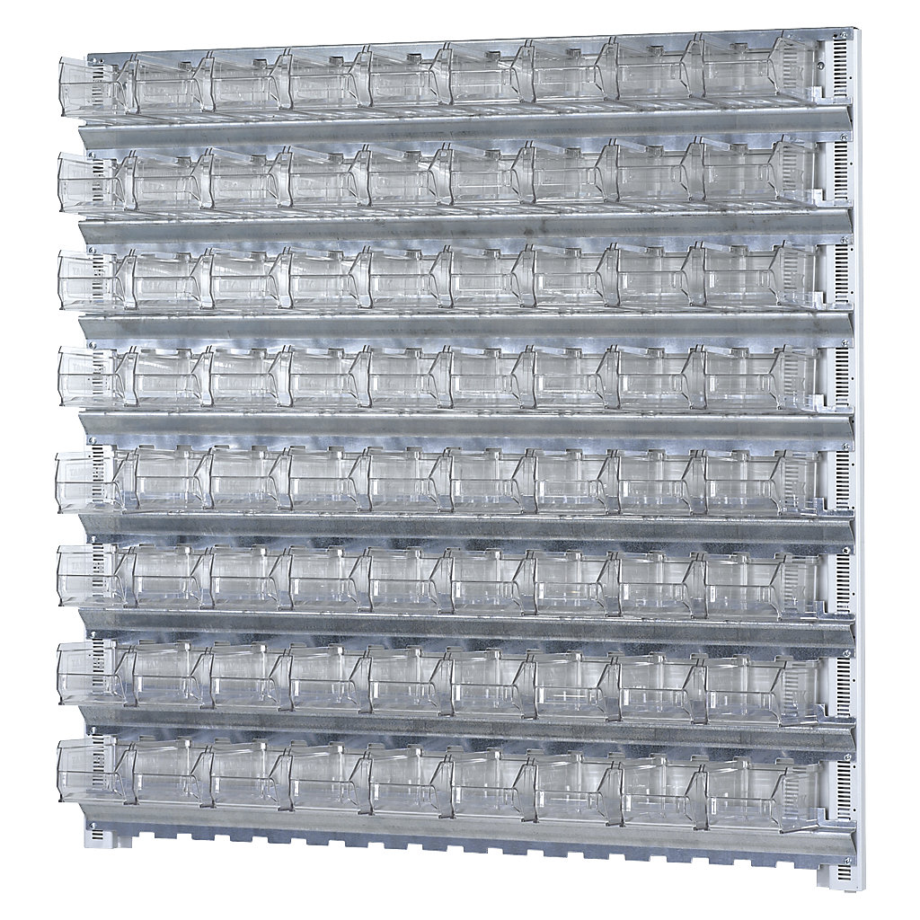 Wall shelf system with open fronted storage bins – mauser: 8 rails, 72 ...
