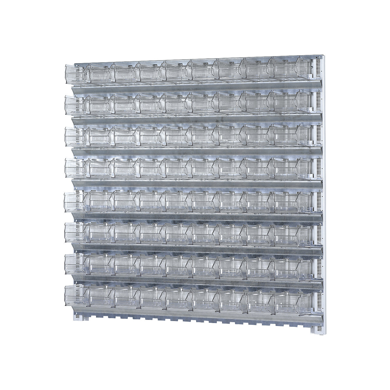 Wall shelf system with open fronted storage bins – mauser: 8 rails, 72 ...