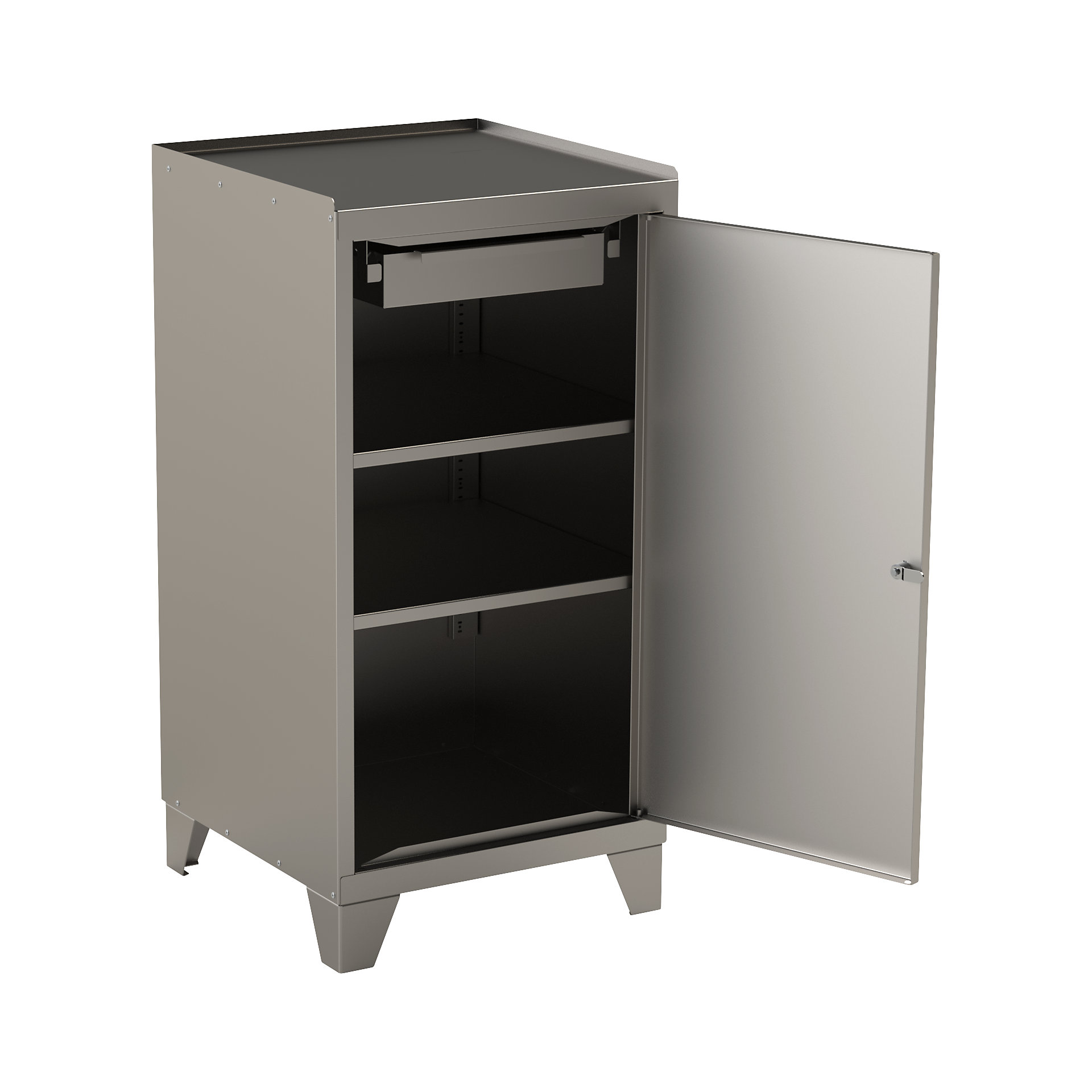 Stainless steel tool cupboard with stud feet: with 2 shelves, 1 x 70 mm ...