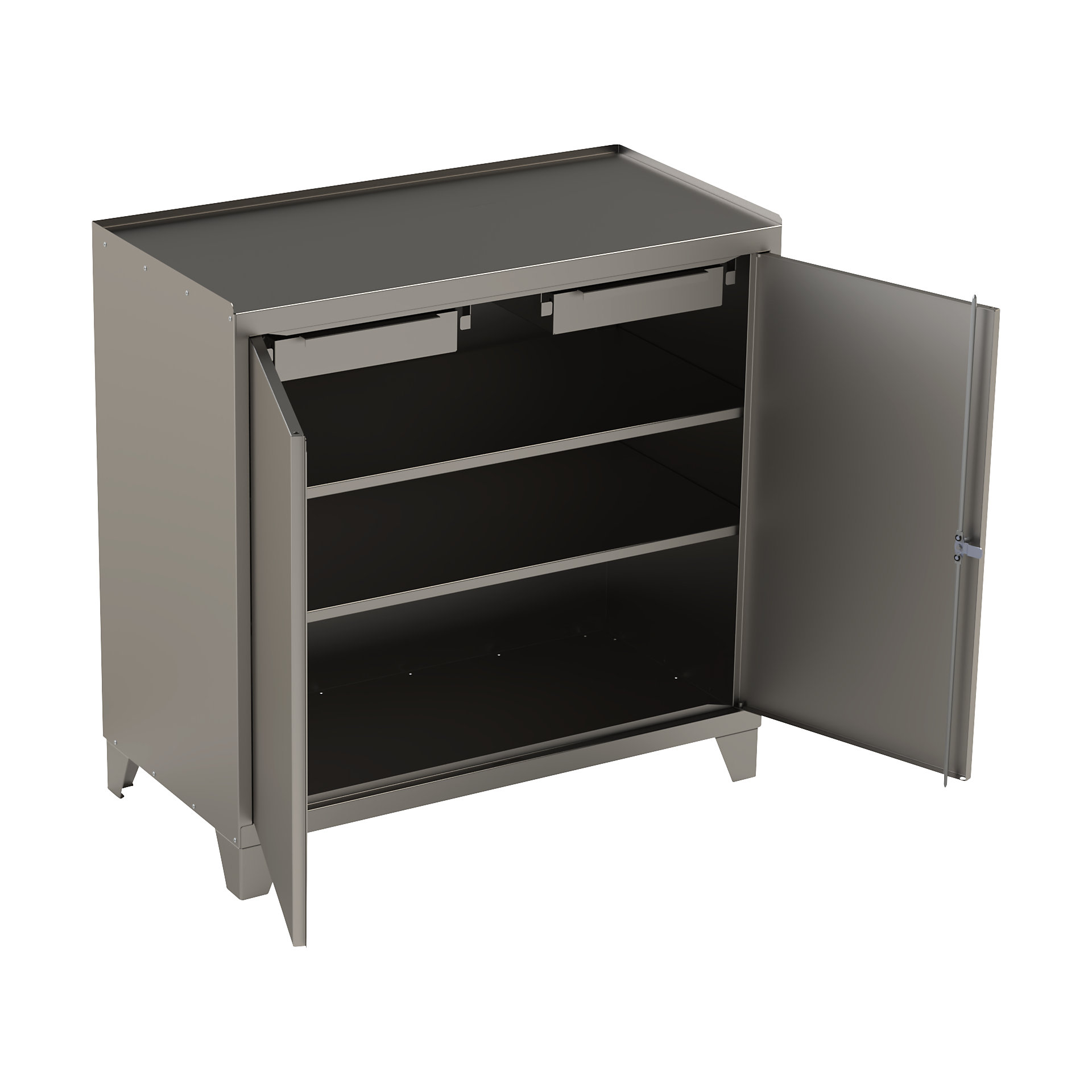 Stainless steel tool cupboard with stud feet: with 2 shelves, 2 x 70 mm ...