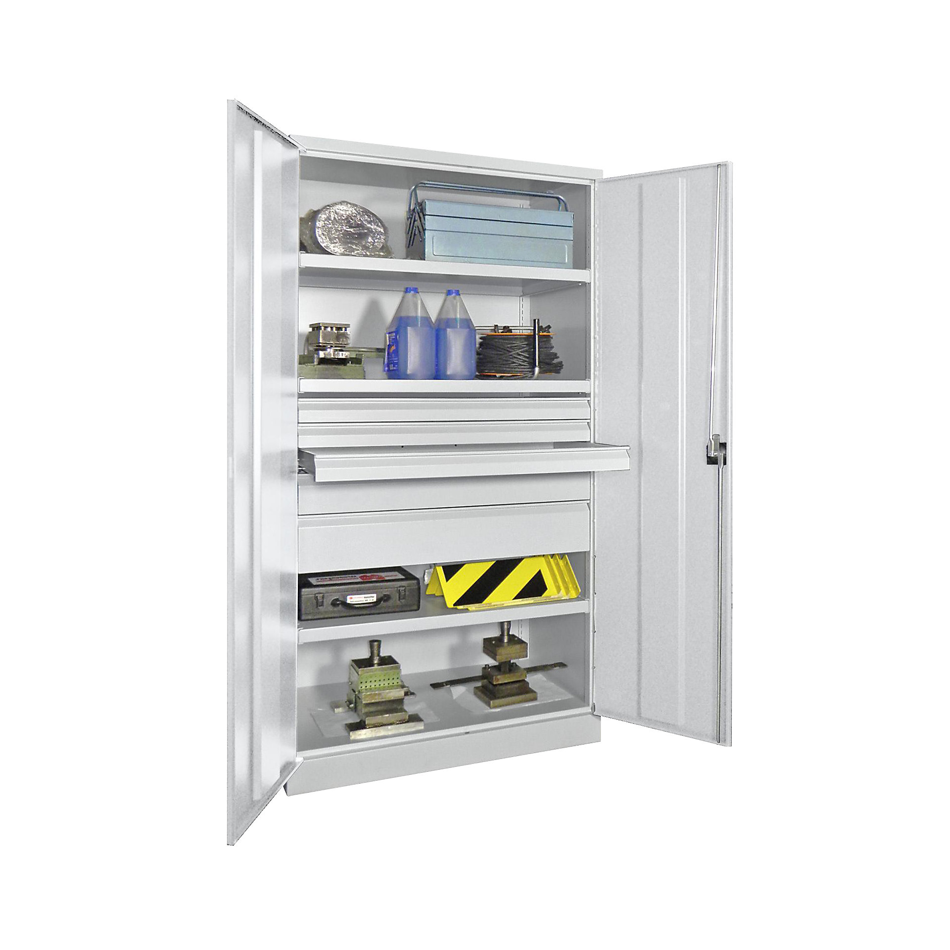 Heavy duty cupboard, height 1950 mm – Pavoy: 3 shelves, 5 drawers ...
