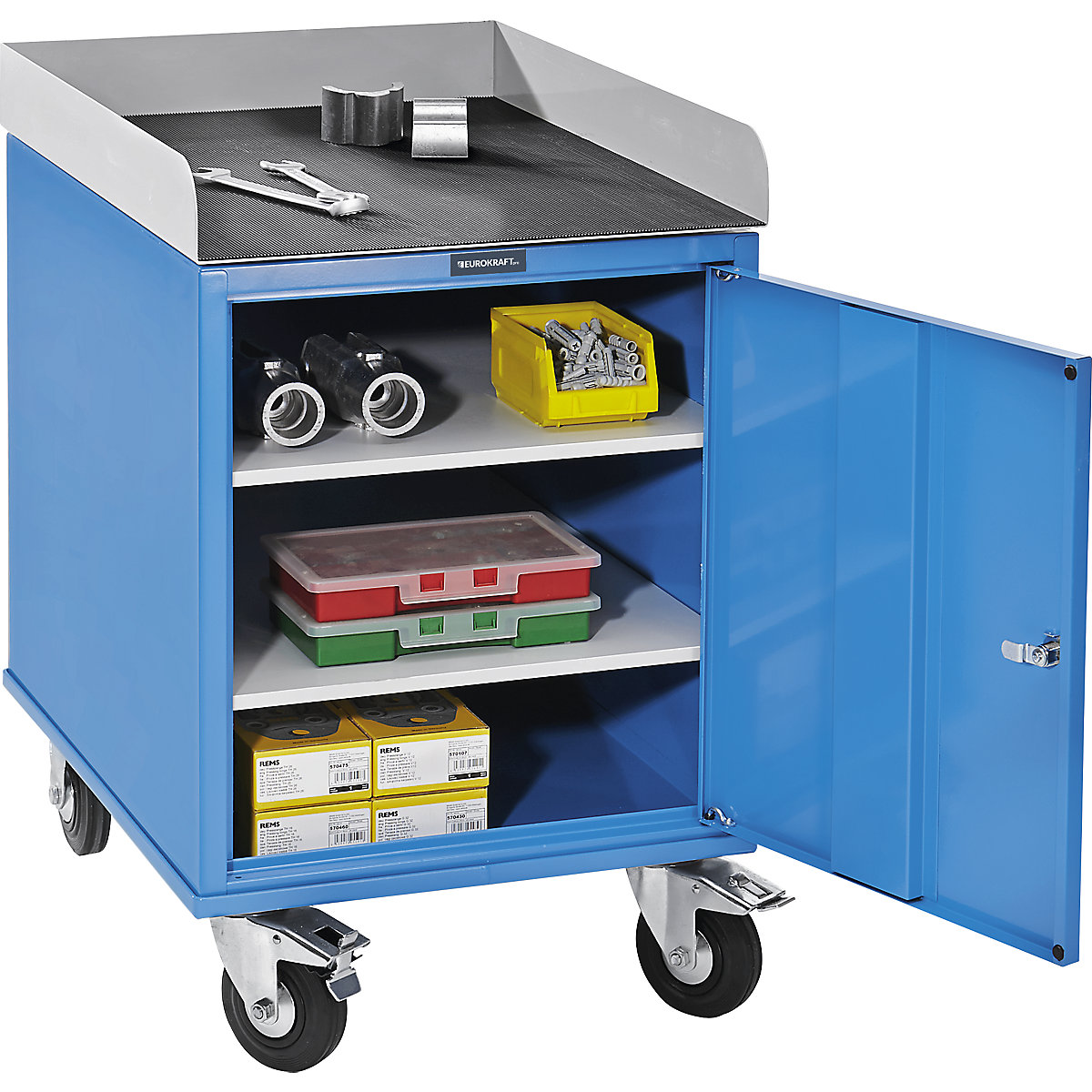 EUROKRAFTpro – Assembly trolley, powder coated: with metal cupboard ...