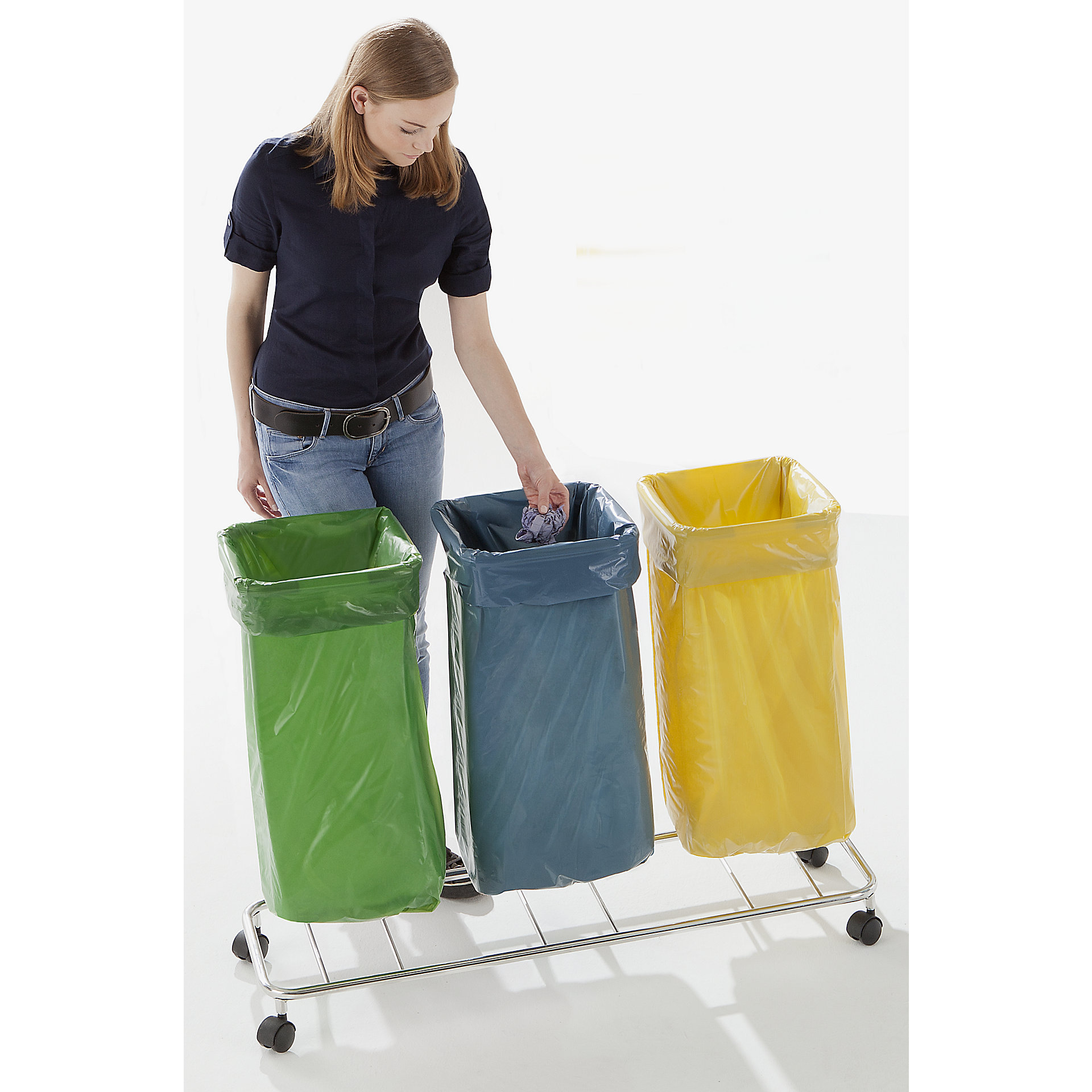 Recyclable waste sack stand without lid: for capacity 3 x 70 l, wheeled ...
