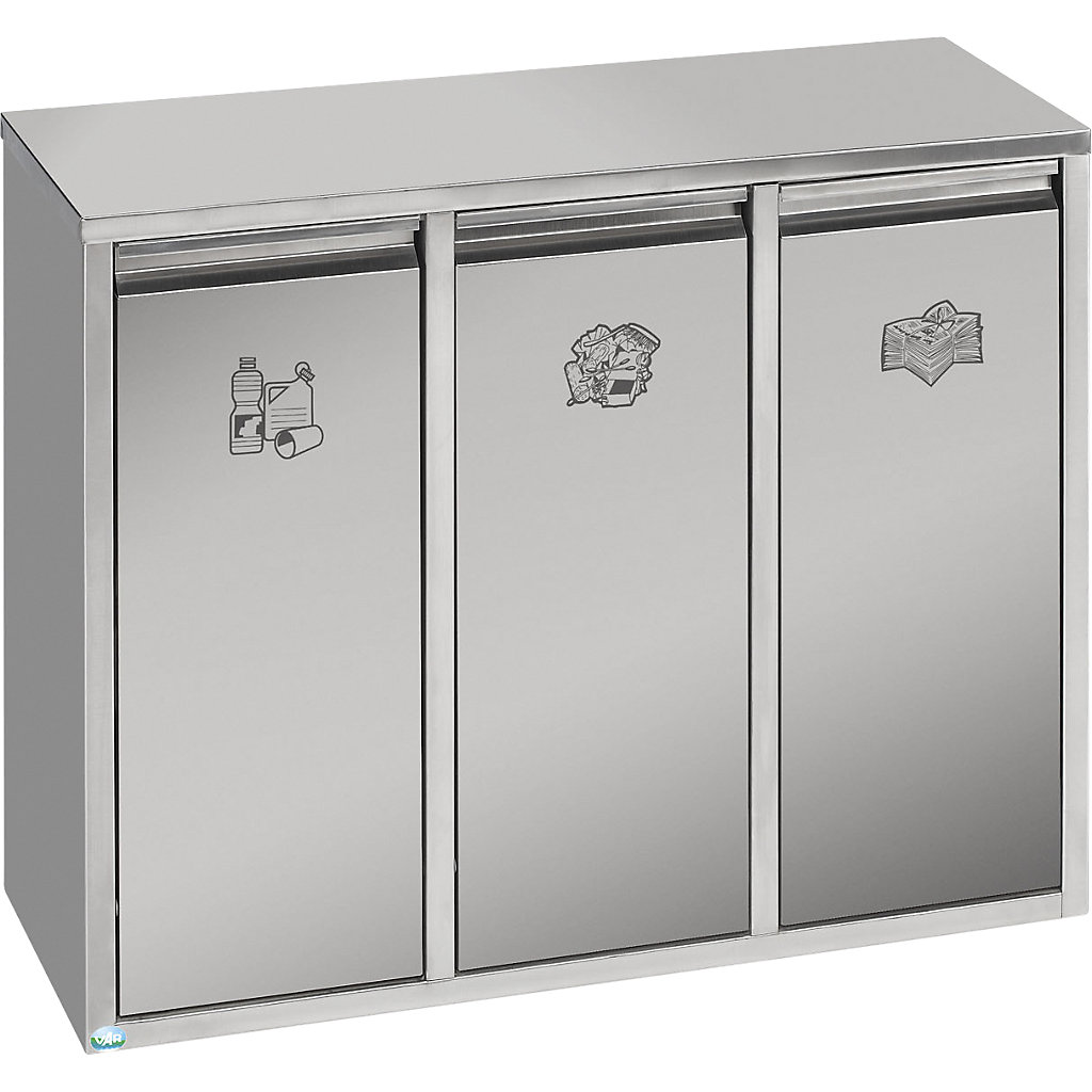 Recyclable waste sorting station, stainless steel – VAR: 3 x 12 l ...