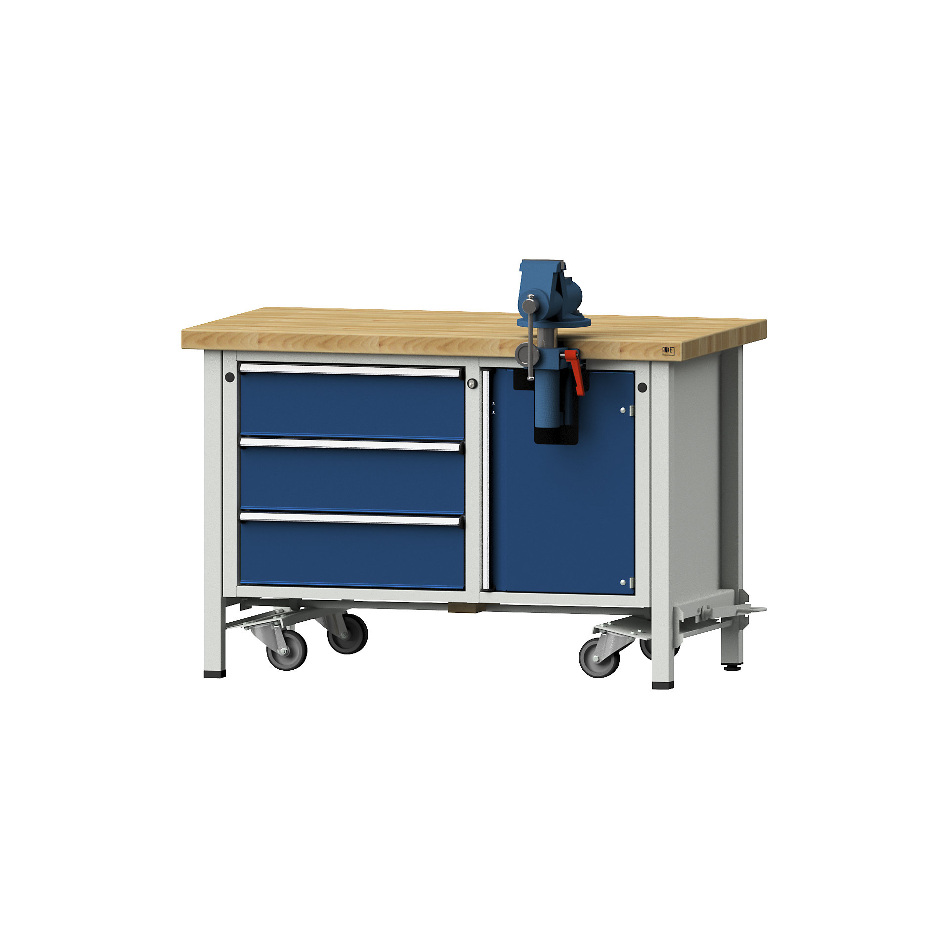 Compact workbench, mobile – ANKE: mobile, with 3 drawers and vice ...
