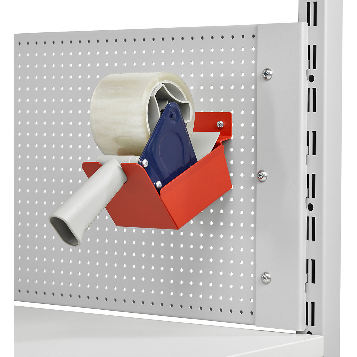Bracket for packaging tape dispenser: for perforated rear panel or for ...