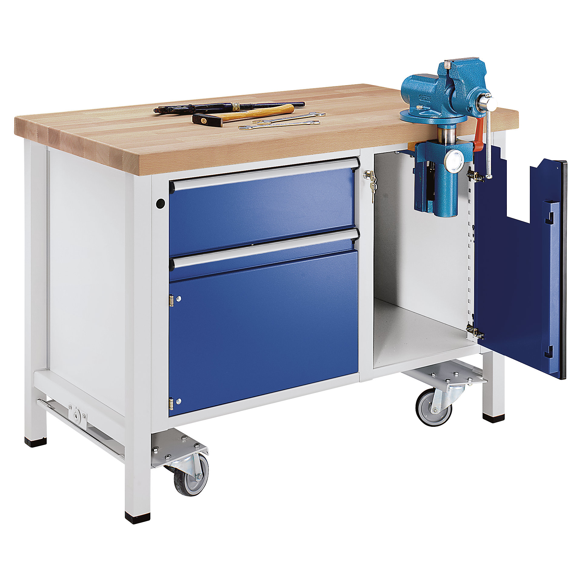 ANKE – Compact workbench, mobile: mobile, with 1 drawer and vice ...
