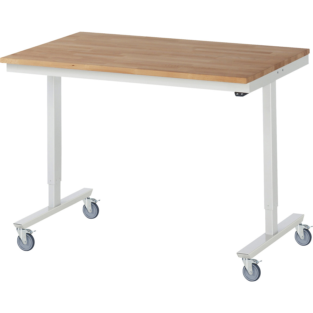 RAU – Electrically adjustable sit-stand work bench, mobile: solid beech ...