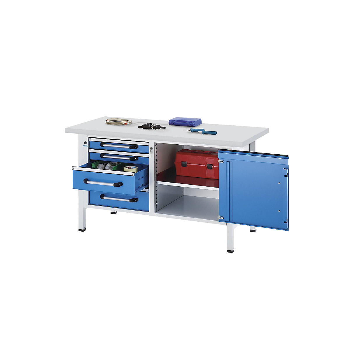 EUROKRAFTpro – Workbench, frame construction: width 1500 mm, 4 drawers, 1 door, light blue ...