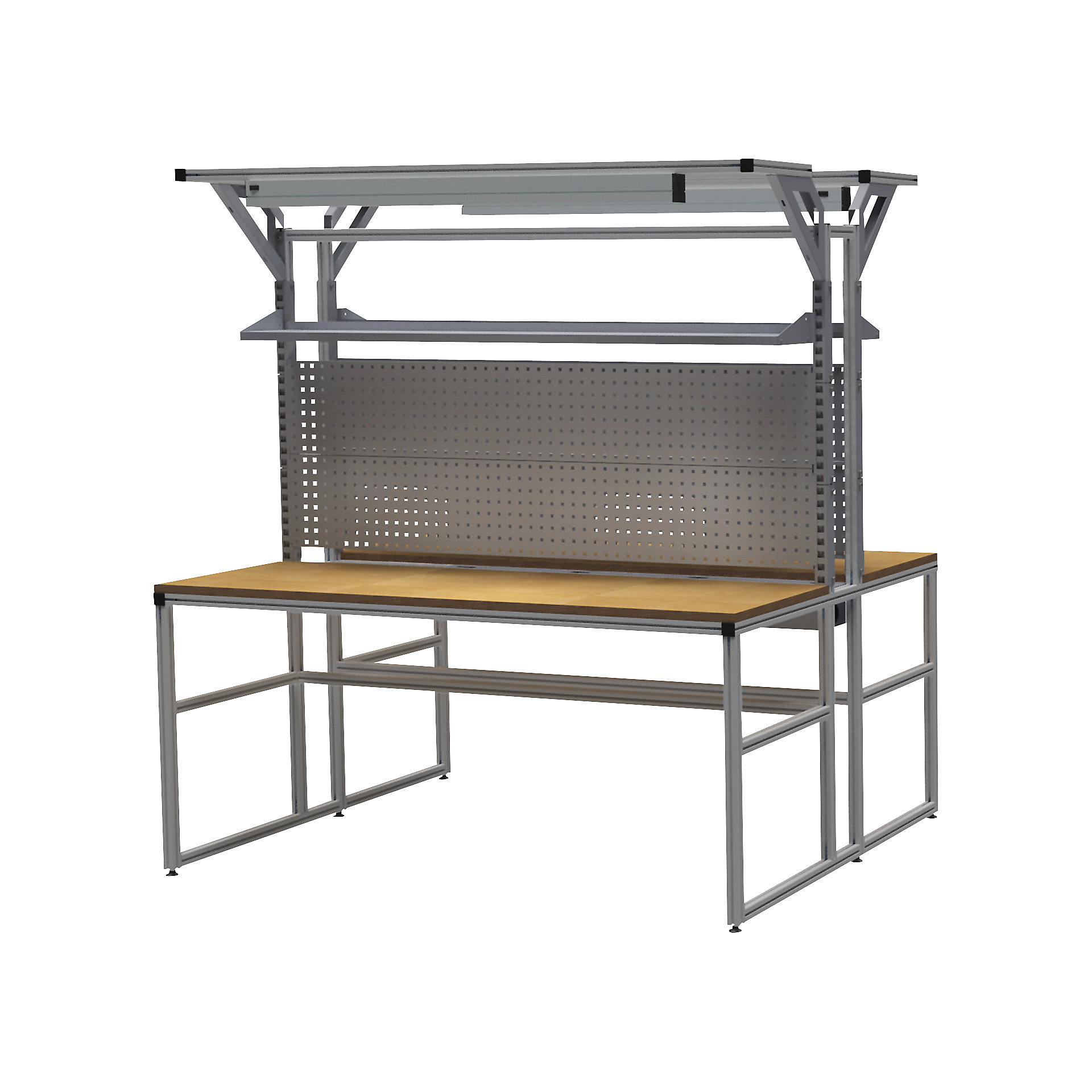 workalu® aluminium workbench with modular system, double sided – bedrunka hirth: 2 shelves, 4 ...