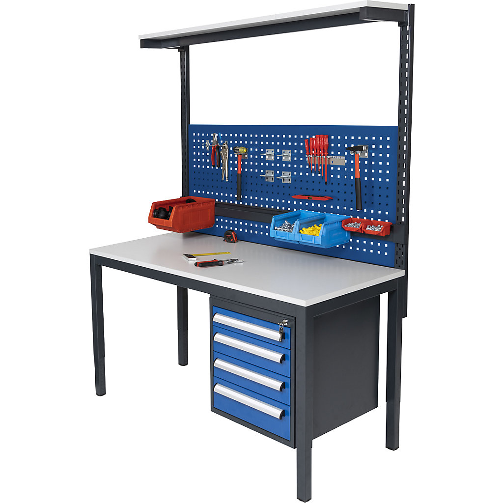 Complete workplace, height adjustable: with 4 drawers, perforated panel ...