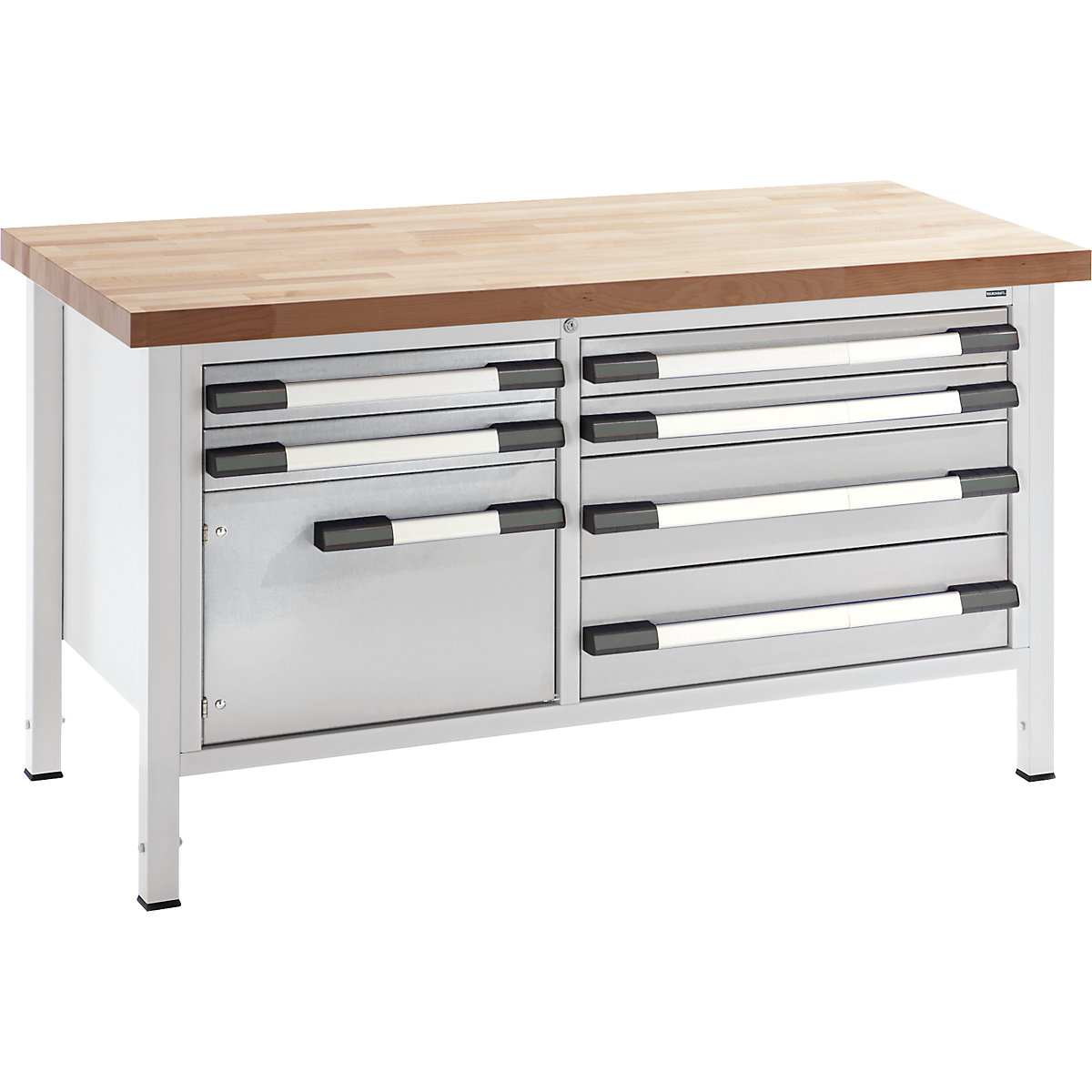 EUROKRAFTpro – Height-adjustable workbench, frame construction: width 1500 mm, 6 drawers, 1 door ...