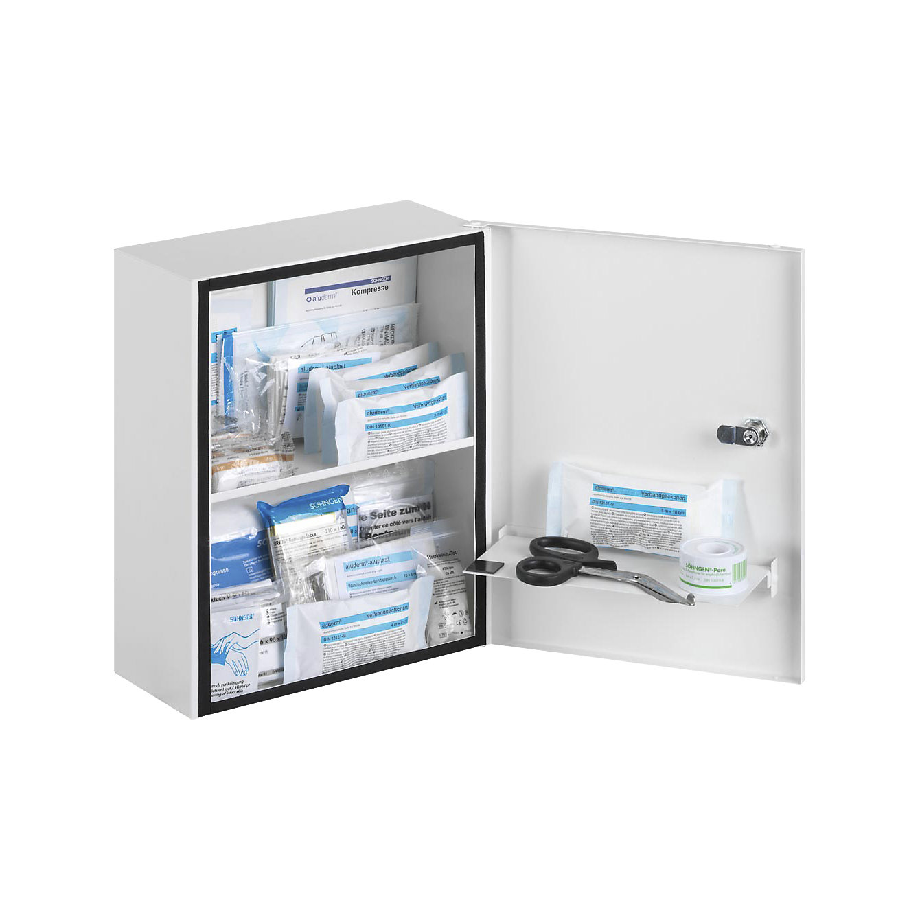 First aid cupboard, DIN 13157 – SÖHNGEN: with contents, white, depth ...