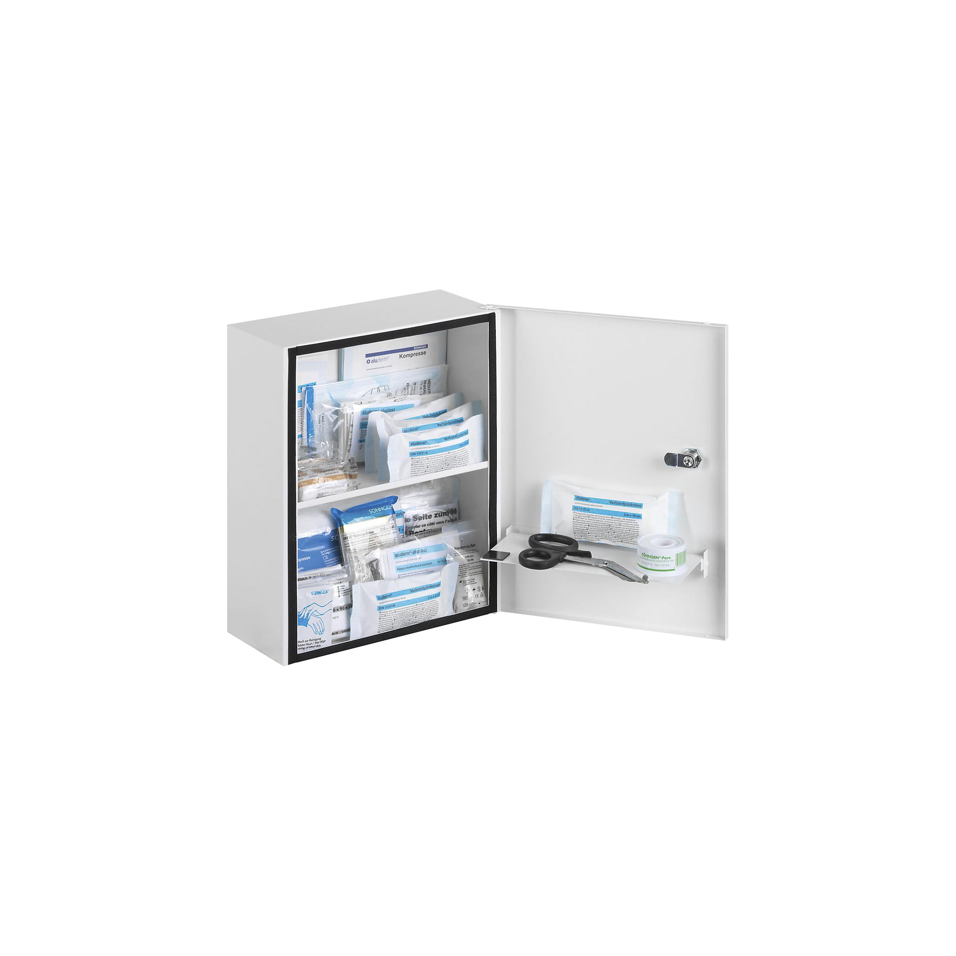 First aid cupboard, DIN 13157 – SÖHNGEN: with contents, white, depth ...
