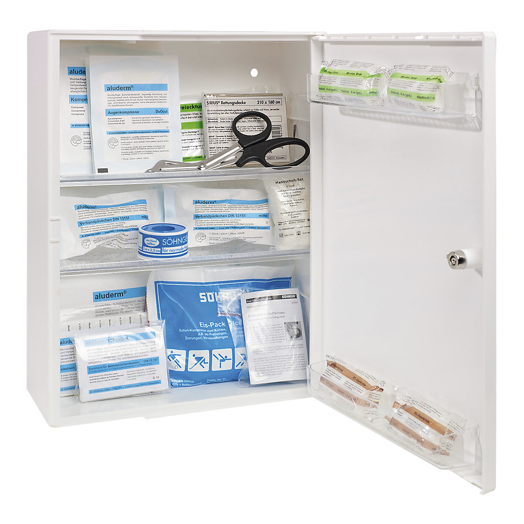 First aid cupboard, DIN 13157 – SÖHNGEN: with contents, white, depth ...